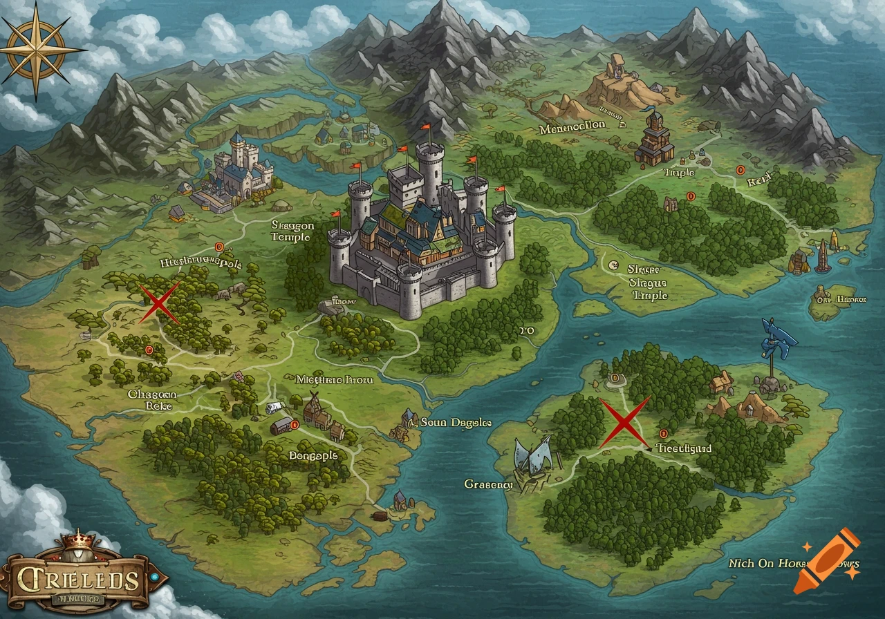 A detailed fantasy map of a realm with a large central castle ...