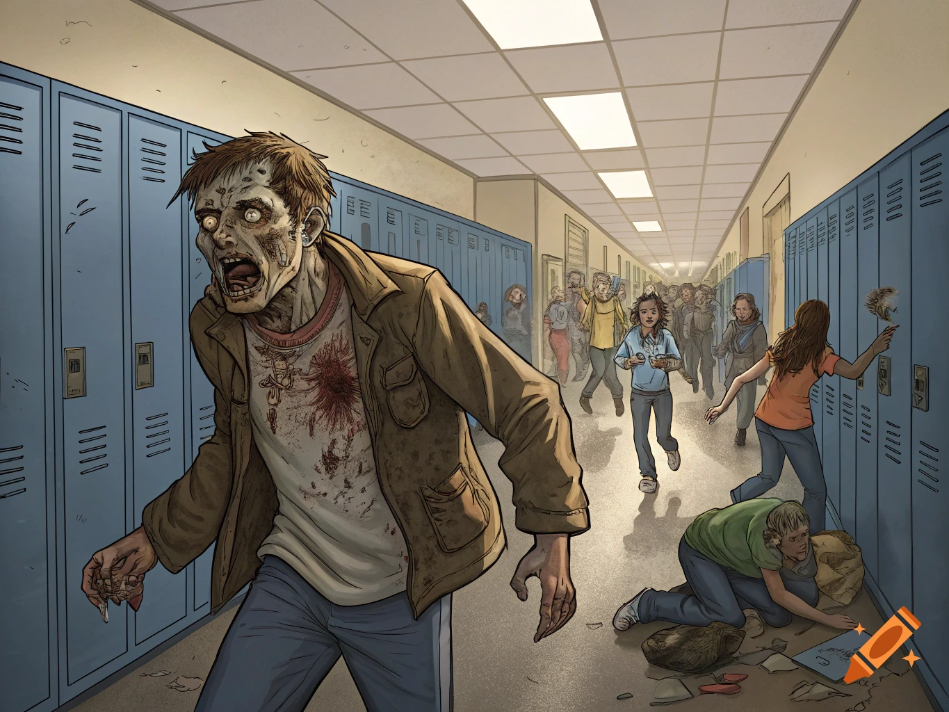 A zombie with blood on its shirt walks through a school hallway as ...