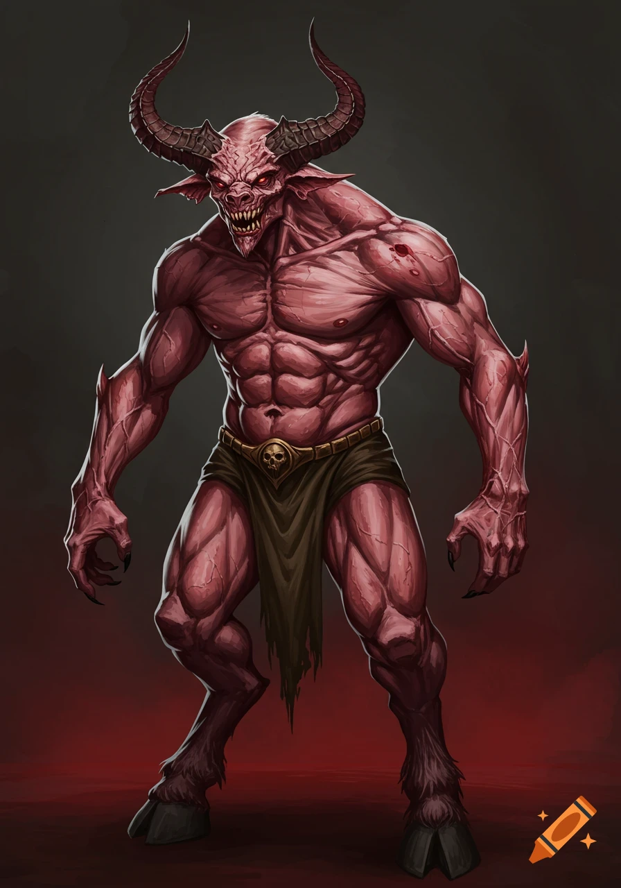 Full shot illustration of a red-skinned demonic monster with large ...