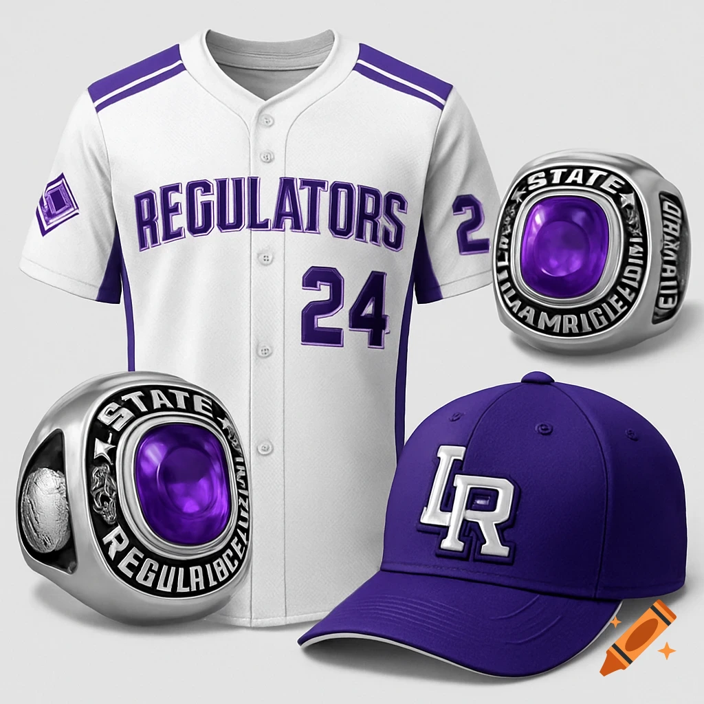 A layout shows a white and purple baseball jersey, a purple baseball ...