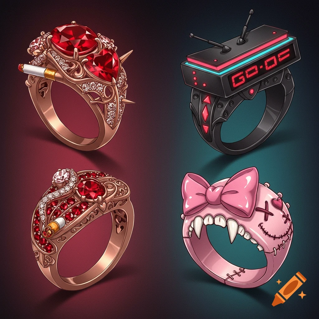 Four stylized rings, one with red gems and a cigarette, one like a TV ...