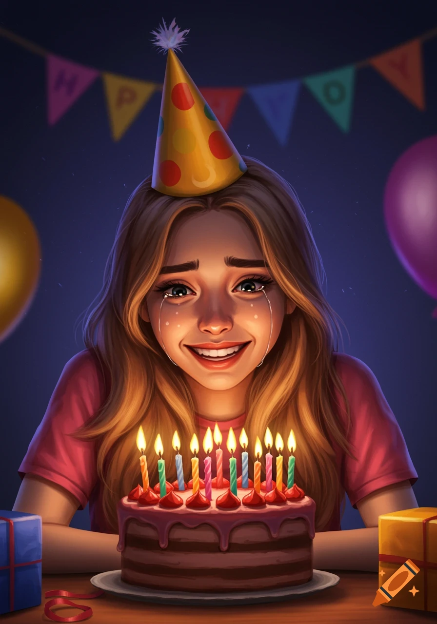 Digital art portrait of a young girl with tears, smiling in front of a ...