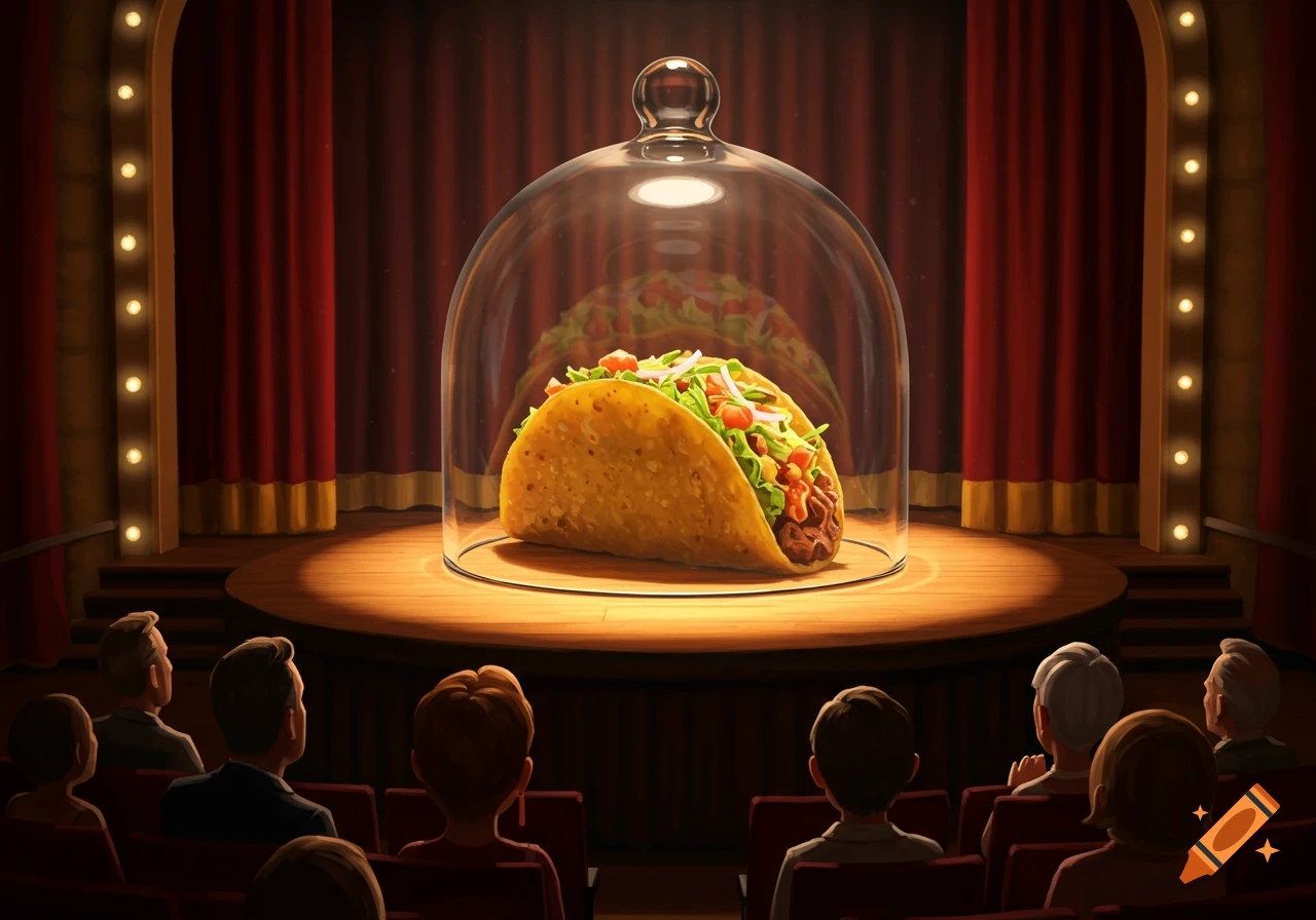 A taco under a glass cloche is displayed on a spotlighted stage in ...