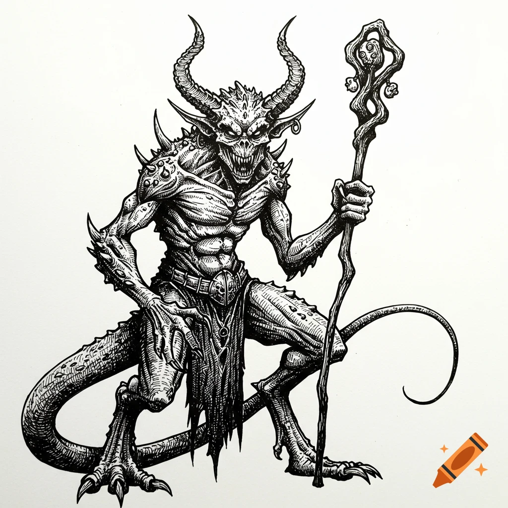 Black ink drawing of a fantasy monster with horns and scales holding a ...
