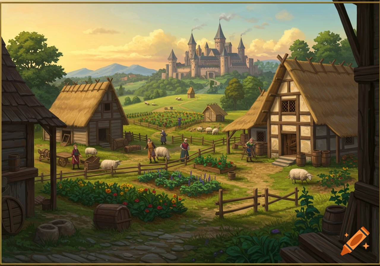 A medieval farm scene with villagers, sheep, gardens, and a castle in ...