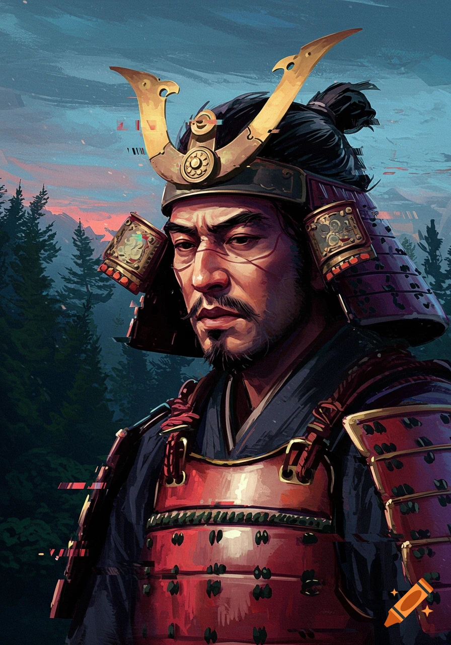 Impressionist portrait of a samurai at dusk with AI glitch patterns on ...