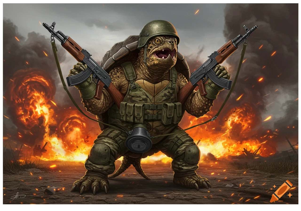 Illustration of an anthropomorphic turtle soldier holding two AK47s in ...