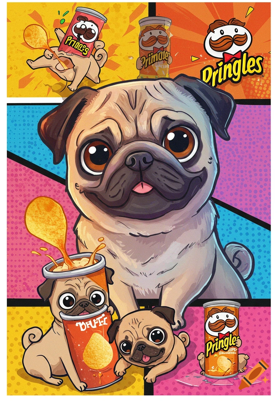 Cartoon pugs with Pringles cans and chips in a pop art style. on Craiyon