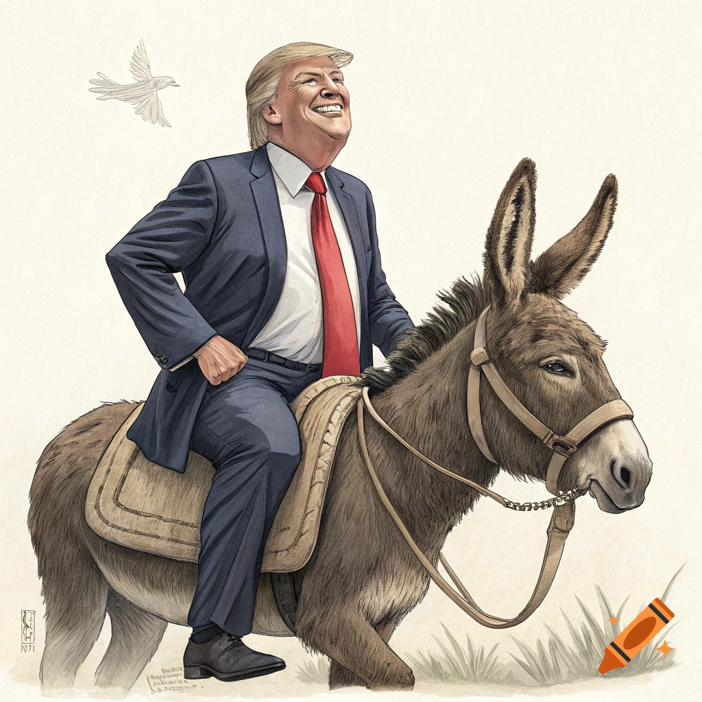 Illustration of Donald Trump riding a donkey with a bird flying above ...