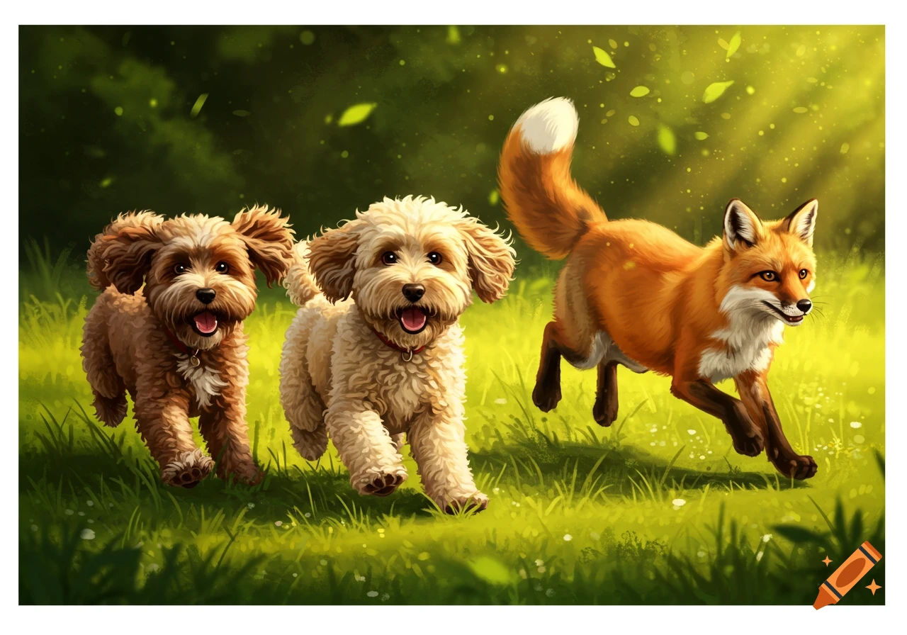 Two fluffy dogs and a fox run through a sunlit field. Illustration. on ...