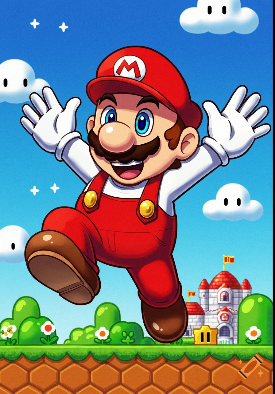 Cartoon illustration of Mario jumping with arms raised in a classic ...