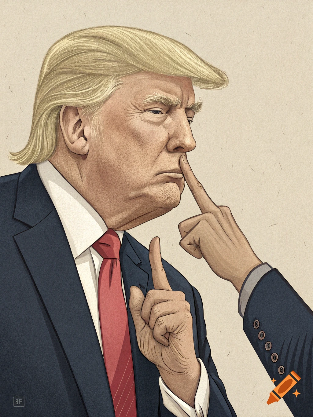 Illustration of Donald Trump with fingers pointing at his nose on Craiyon
