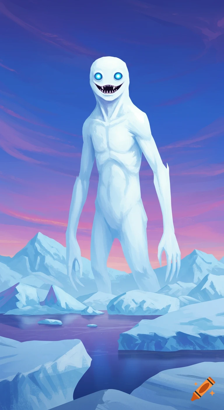 A tall, pale monster with glowing blue eyes and sharp teeth stands in an icy arctic landscape ...