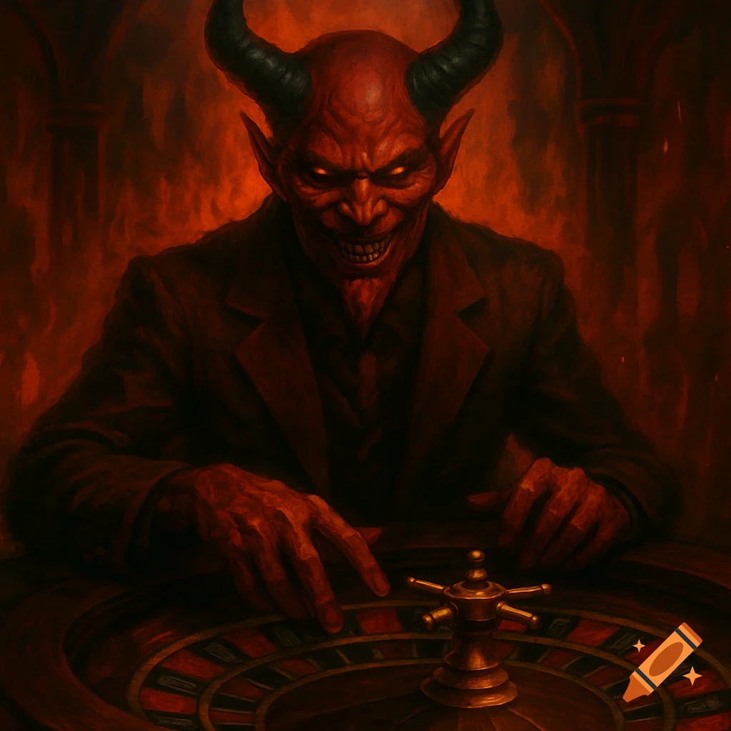 A demonic figure in a suit sits at a roulette wheel in a dark, fiery ...
