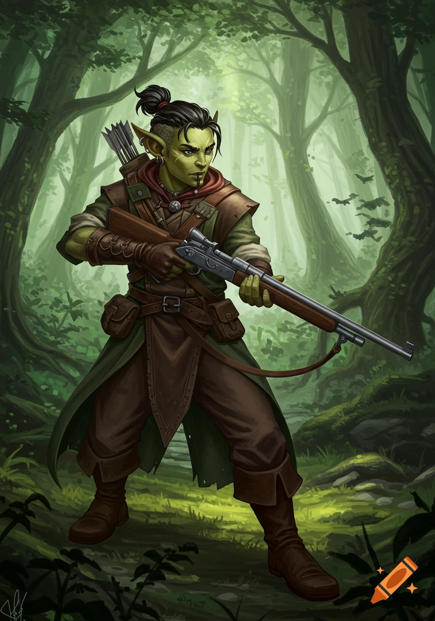 A fantasy ranger character, a half-orc, holds a rifle in a forest. on ...