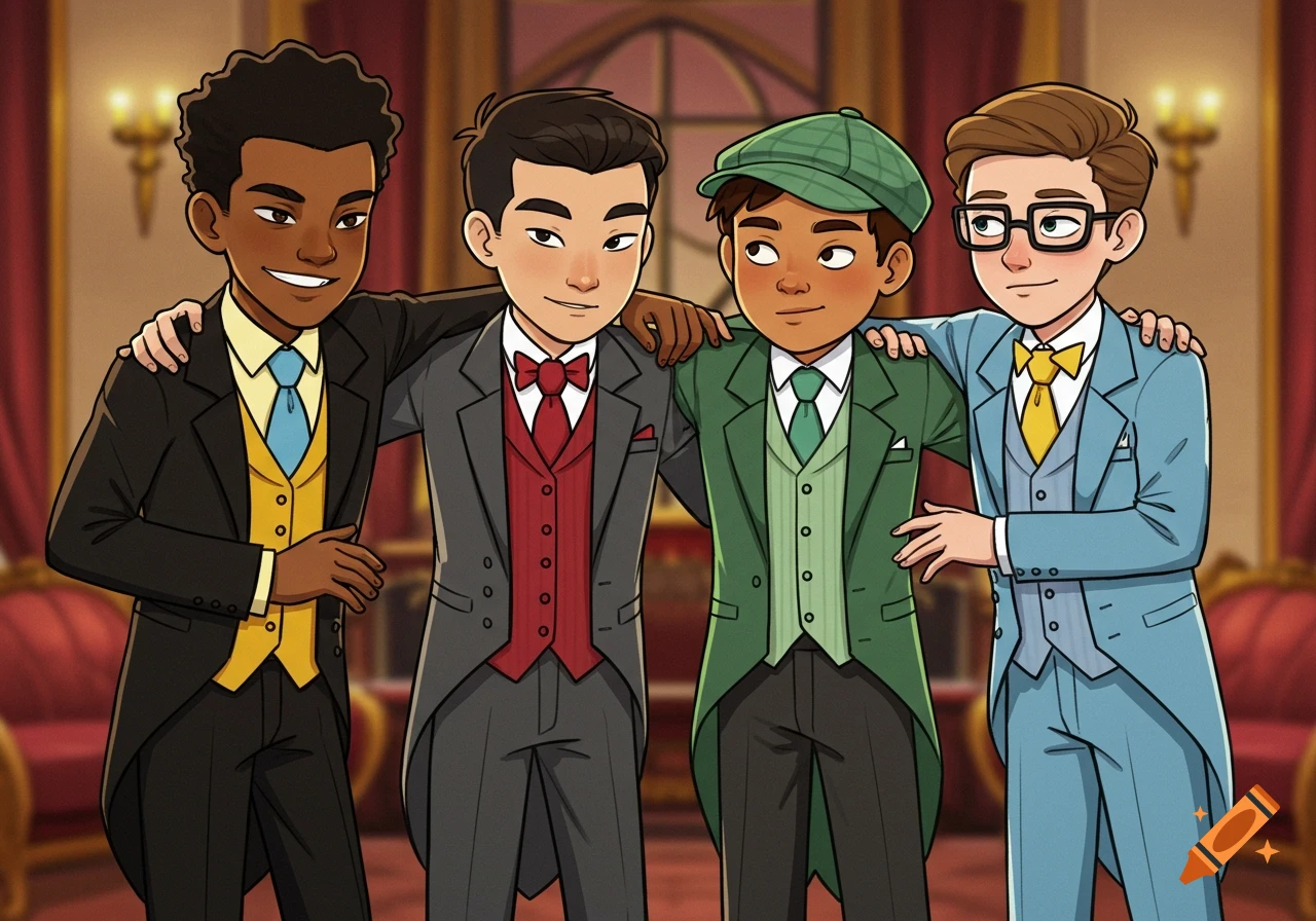 Cartoon illustration of four teenage boys in tuxedos embracing in an ...