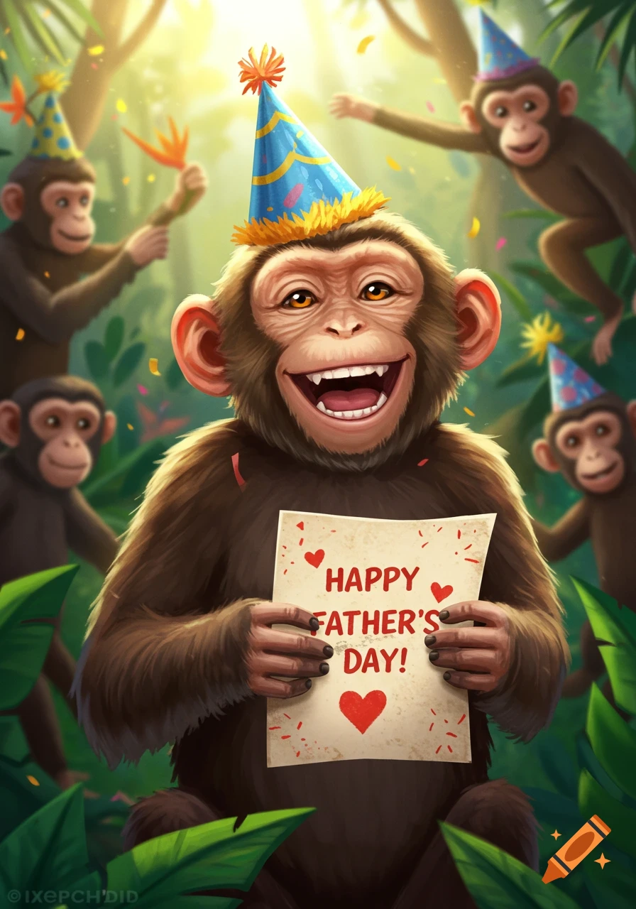 Cartoon monkeys in party hats celebrating Father's Day in a jungle. on ...