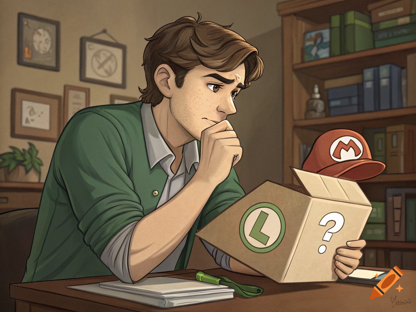 Illustration of a man resembling Matpat looking at a box with an L ...