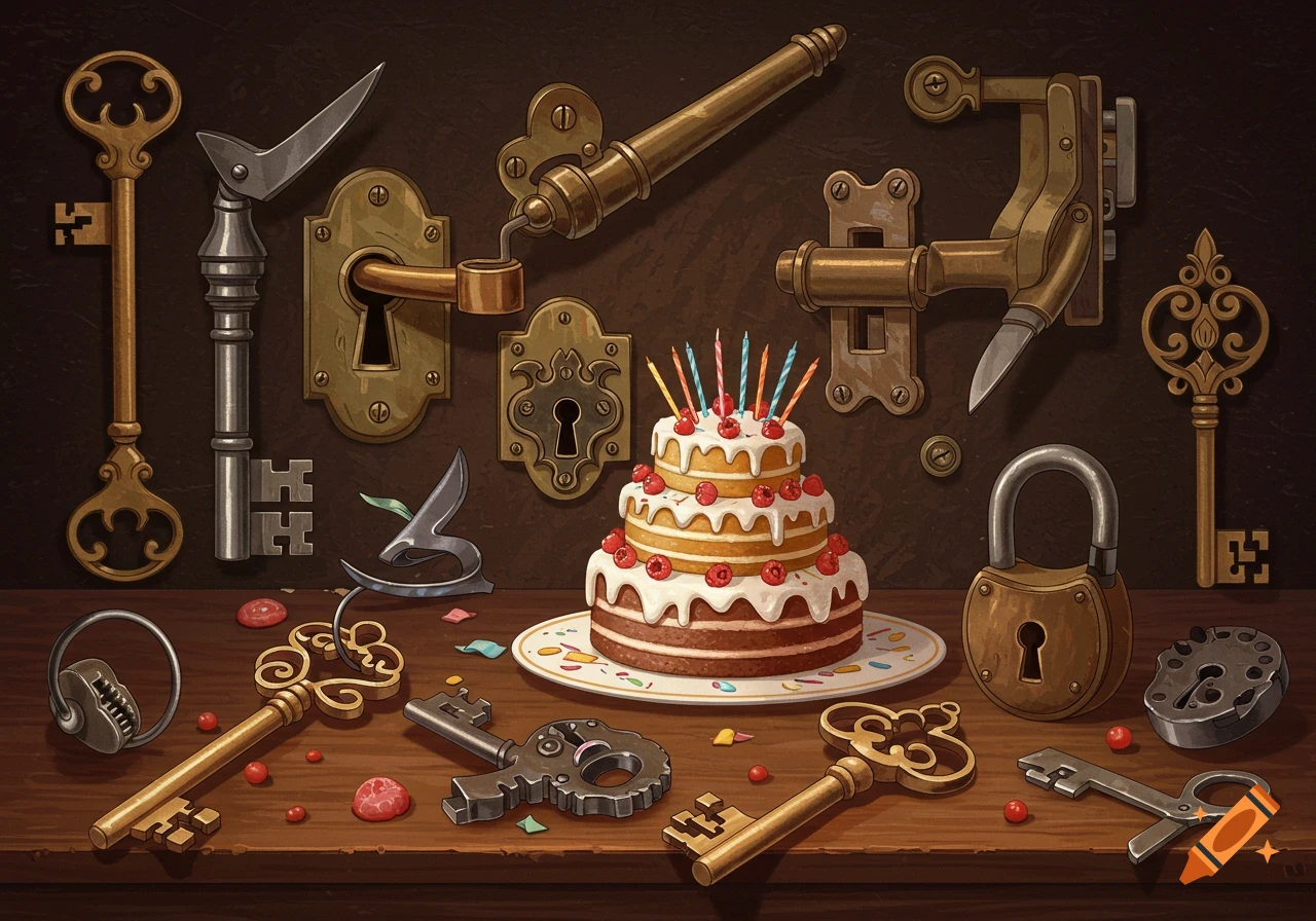 A detailed illustration of antique keys, locks, and door handles ...