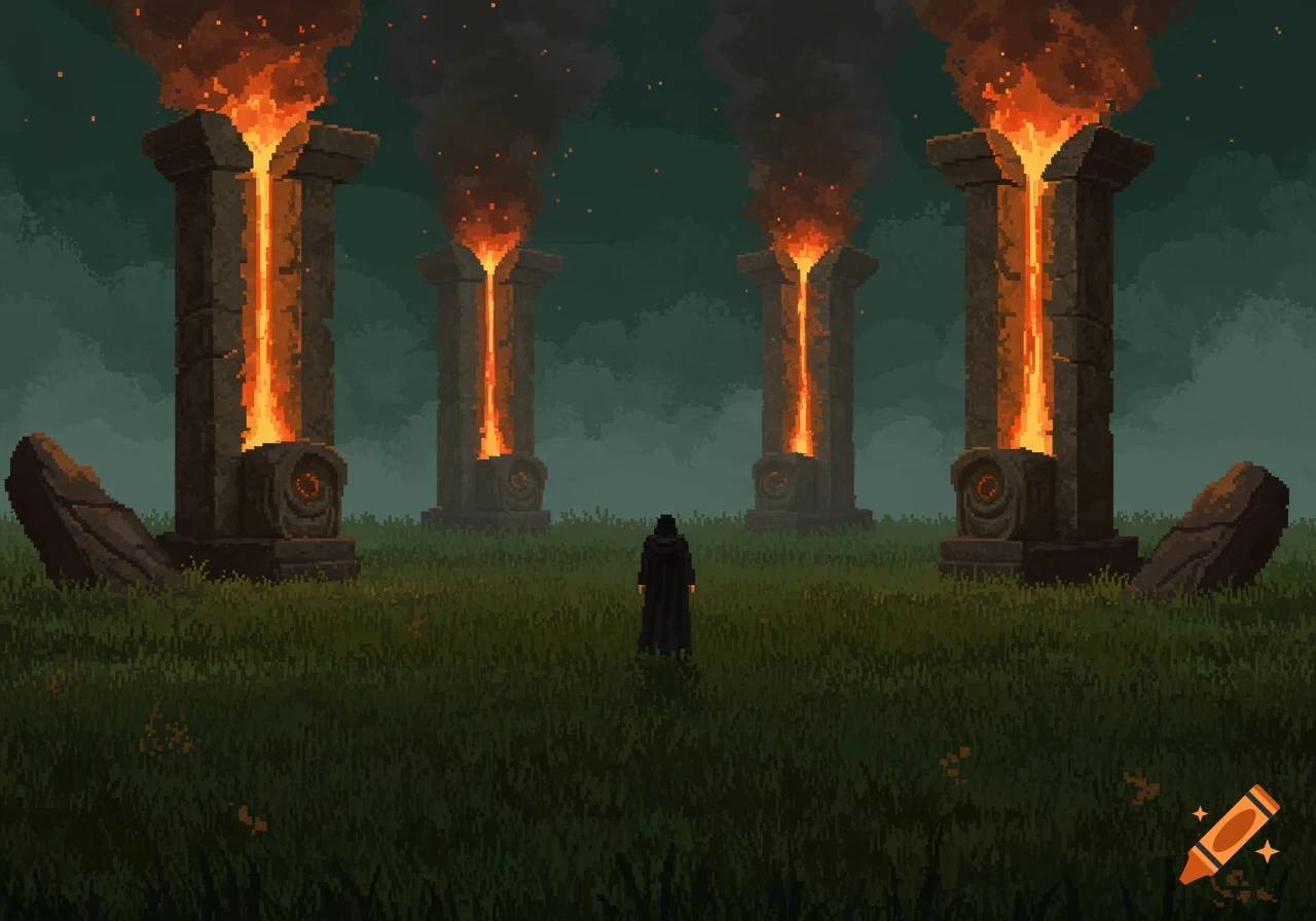 Pixel art of a robed figure standing before four stone pillars spewing ...