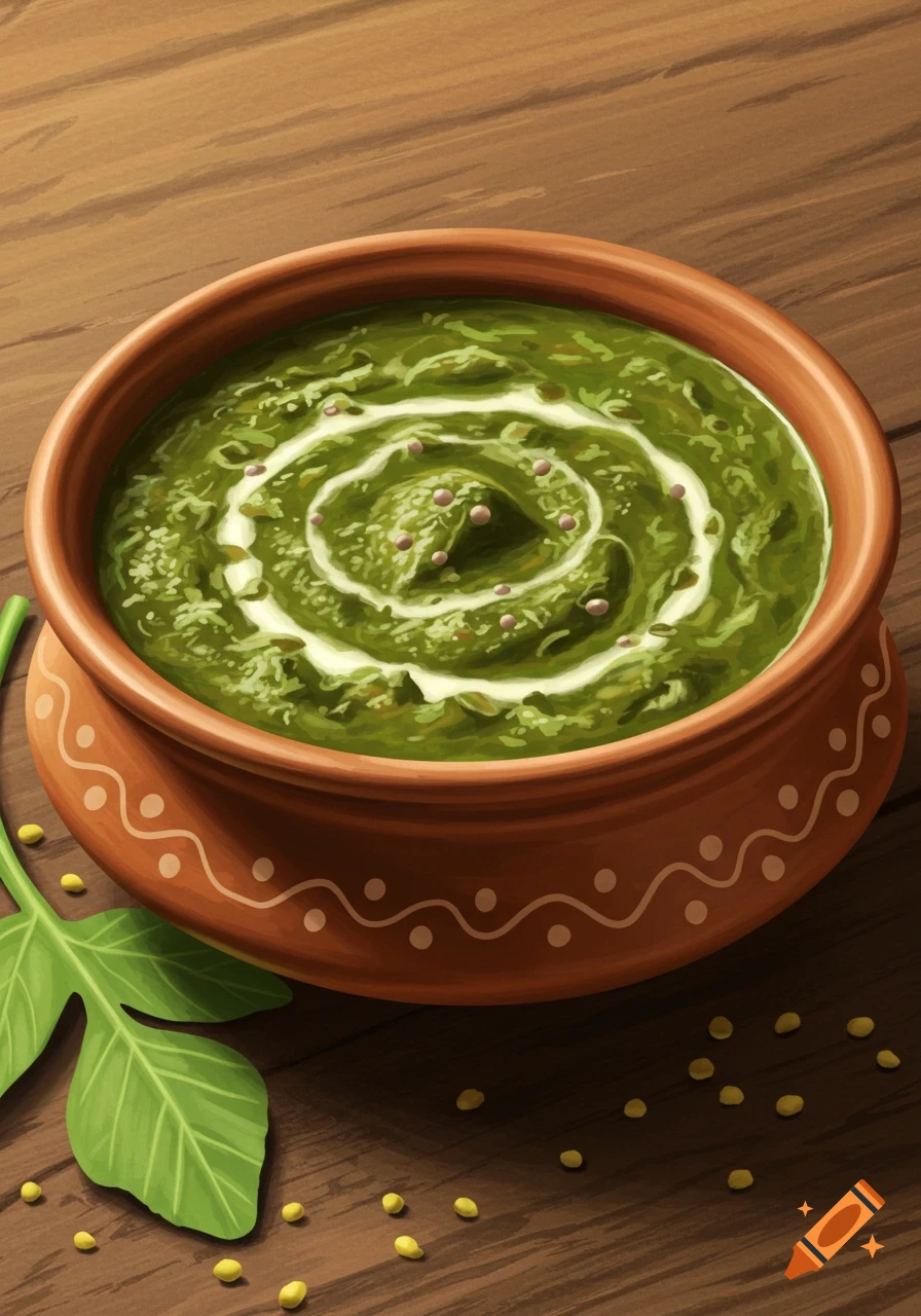 A bowl of green sarson ka saag in an earthen pot on a wooden table ...