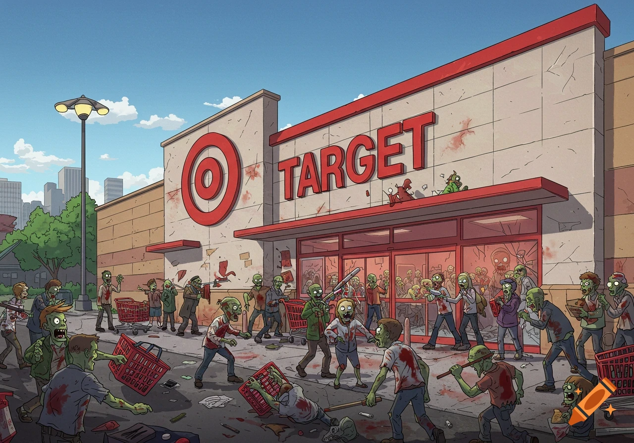 Cartoon illustration of a horde of zombies attacking a Target store. on ...