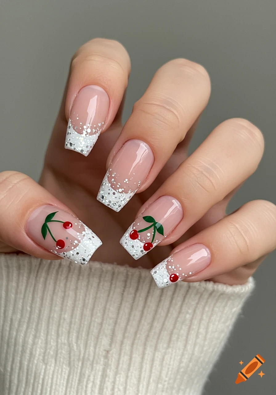 Close up of a hand with square-shaped nails featuring nude bases, white ...