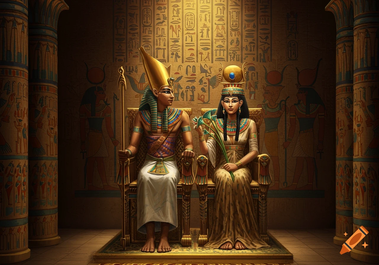 Ancient Egyptian king and queen sit on elaborate thrones in a temple ...