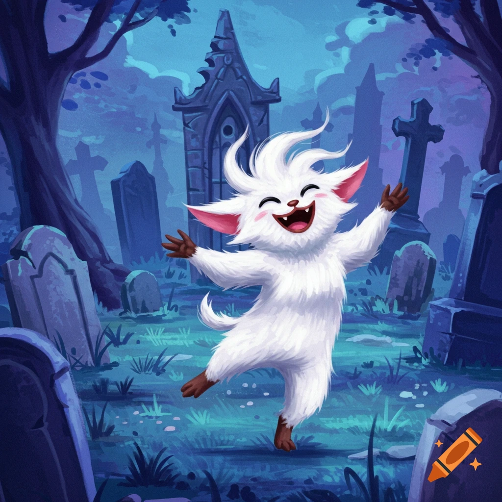 A cute white furry creature dances in a graveyard. on Craiyon