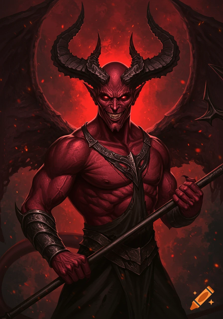 A red-skinned demon with large horns and wings holds a staff in a dark ...