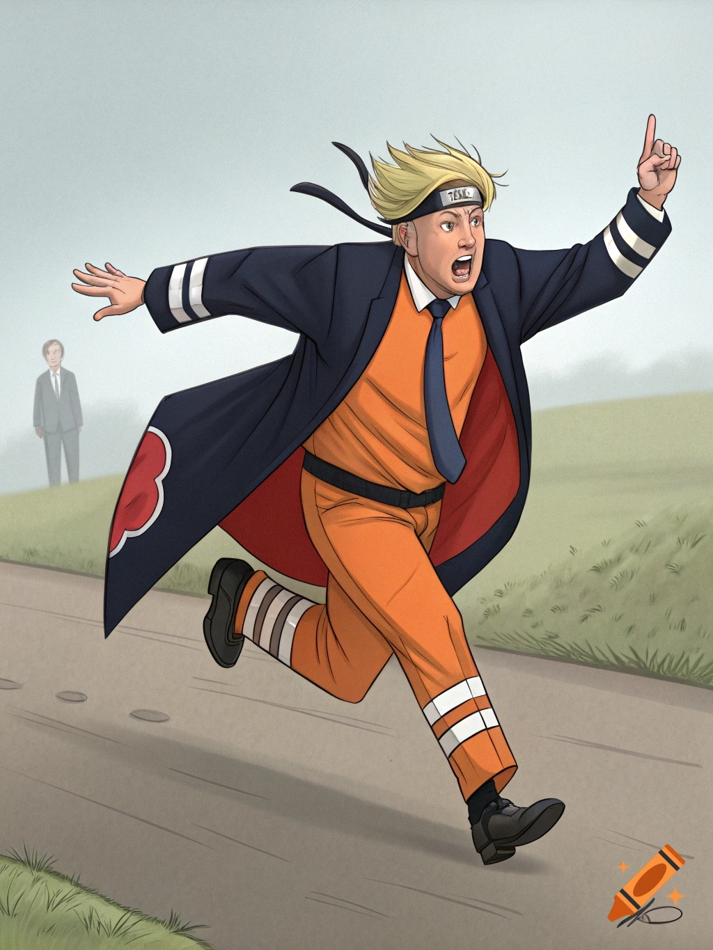 Cartoon of Donald Trump dressed as Naruto, running with arms back, with ...