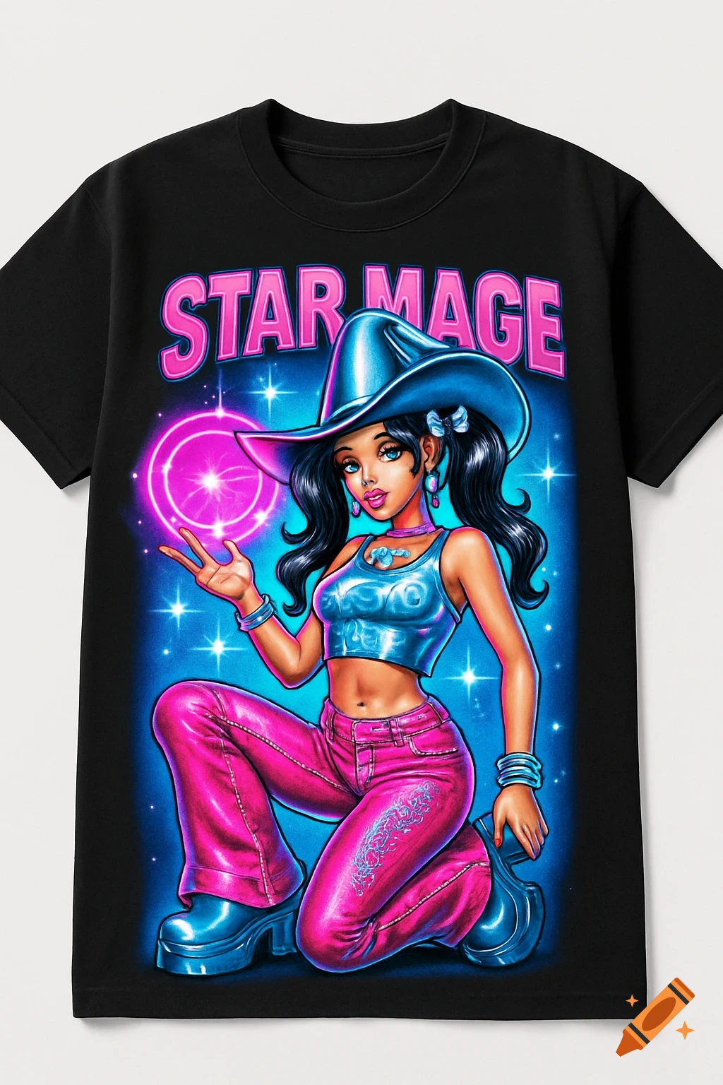 Stylized illustration on a black t-shirt showing a Star Mage character in 2000s fashion casting ...