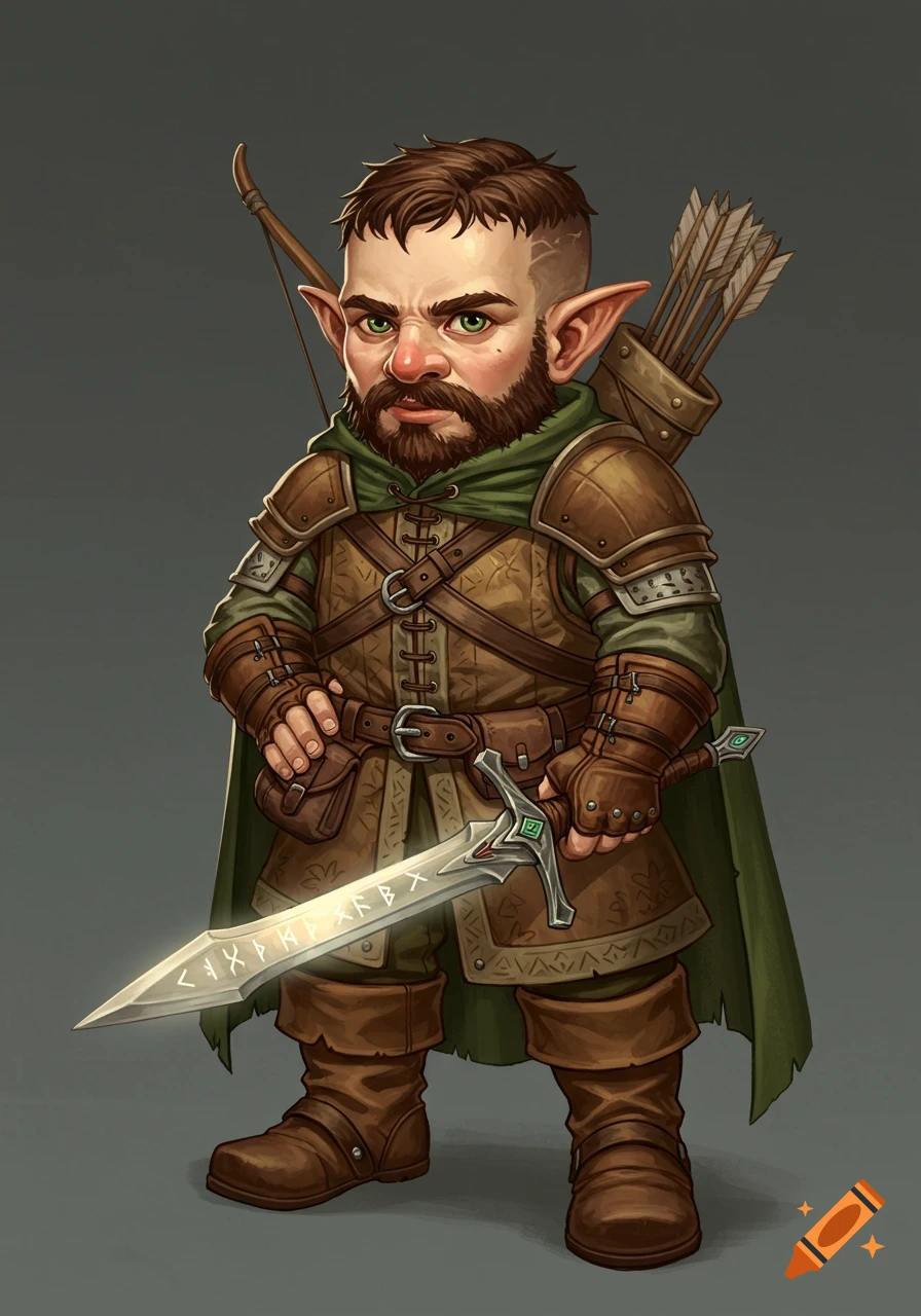 Illustration of a gnome ranger holding a glowing rune etched sword and ...