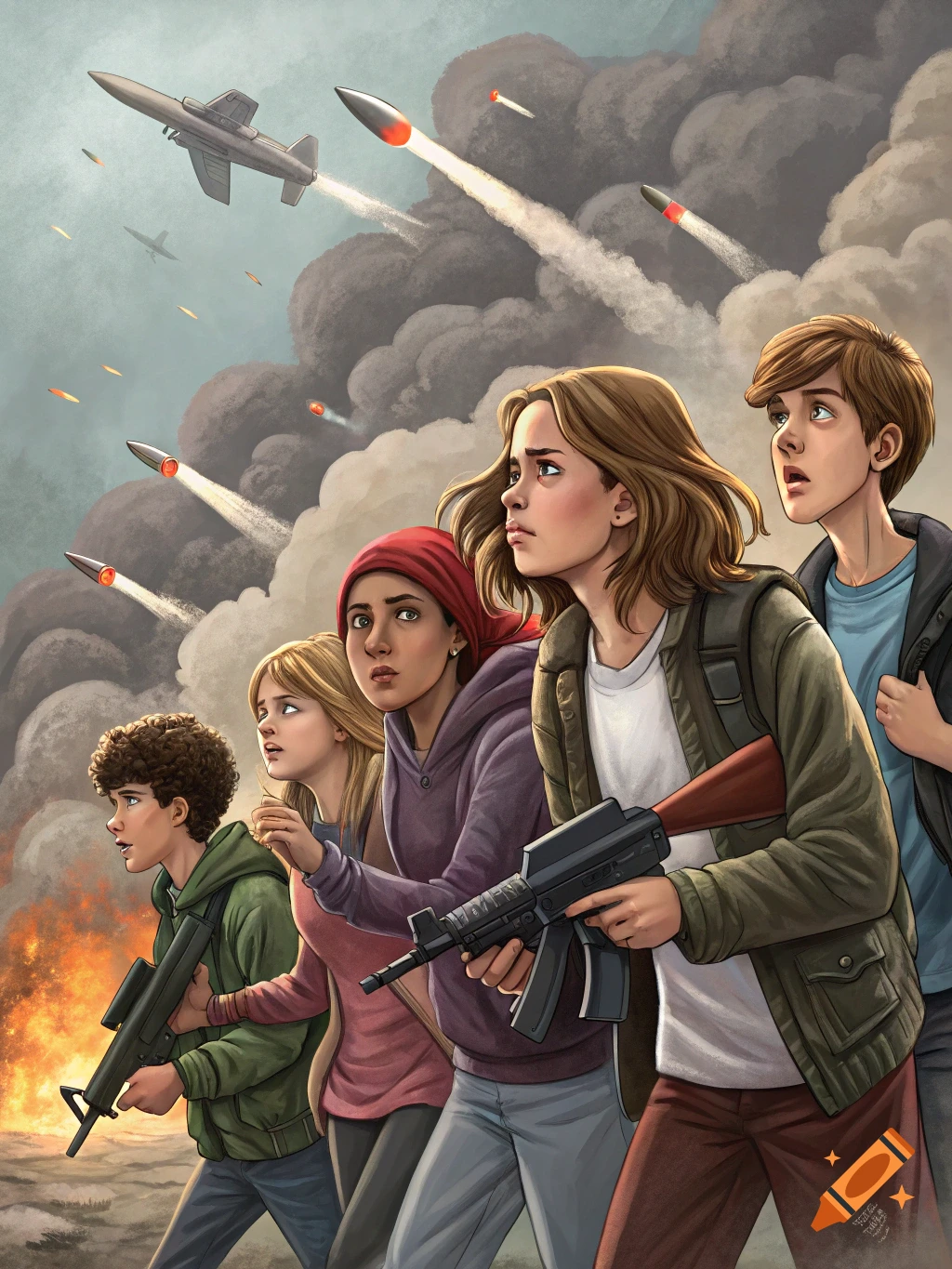 Illustrated scene of children and teens with weapons looking up in fear ...