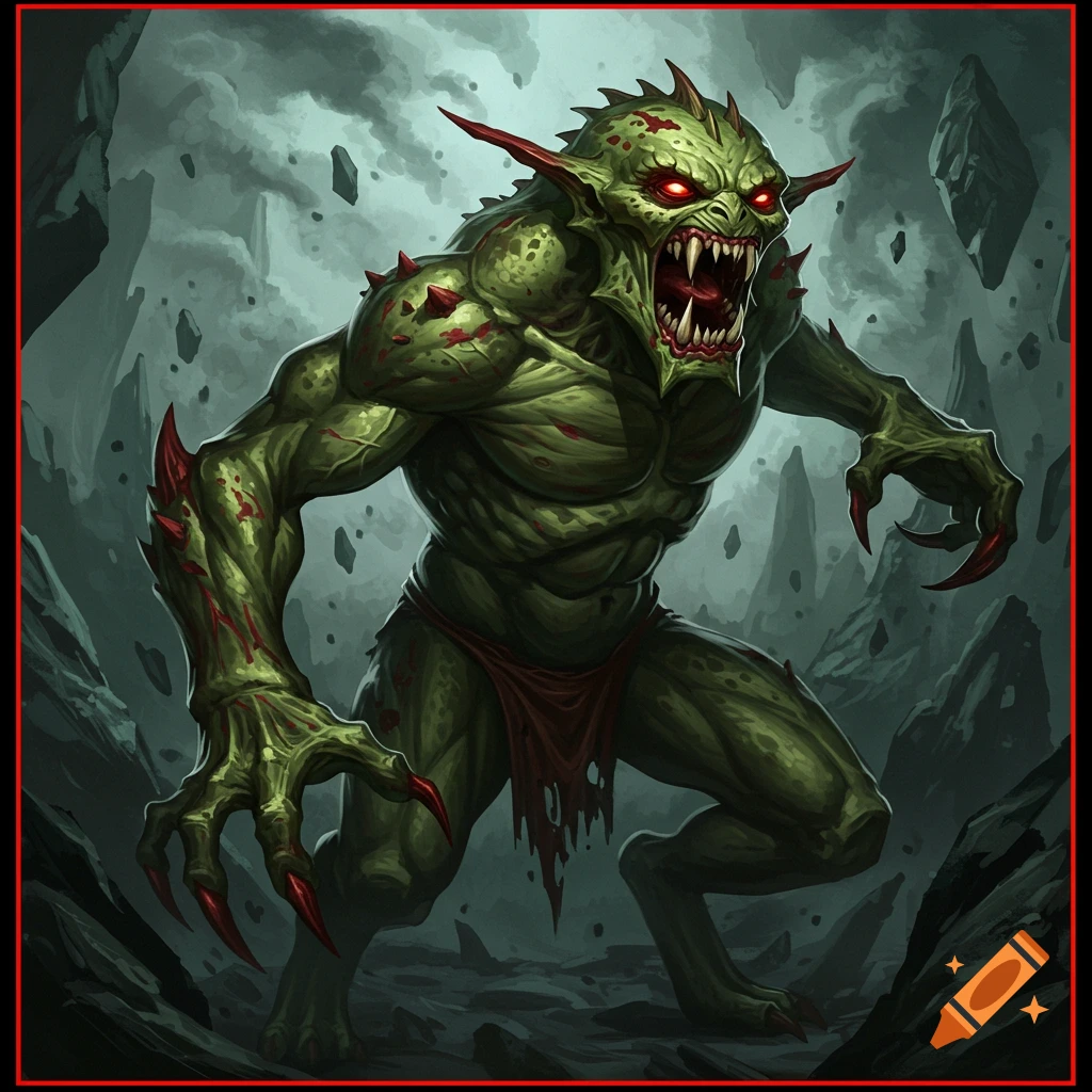 A green monster with red eyes and claws stands in a rocky landscape ...