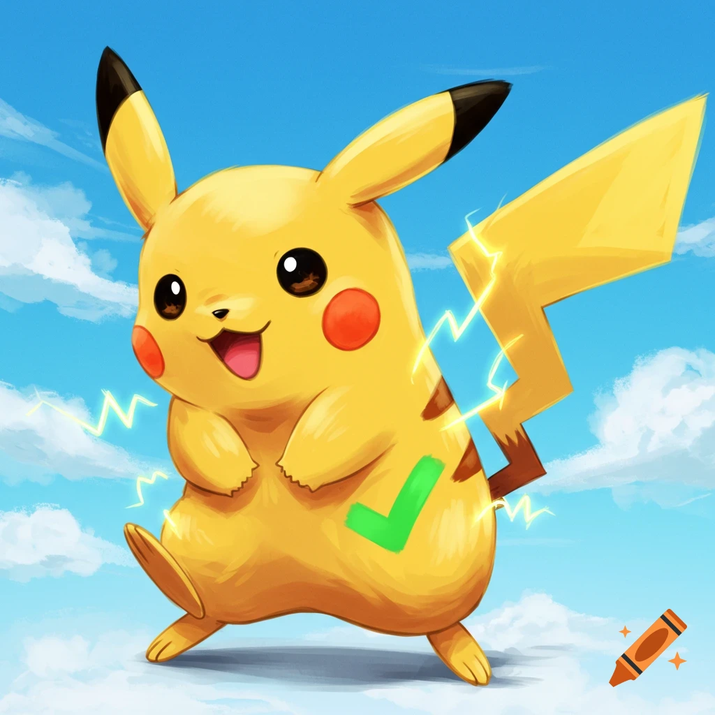 Illustration of Pikachu with a green checkmark on its side, surrounded ...