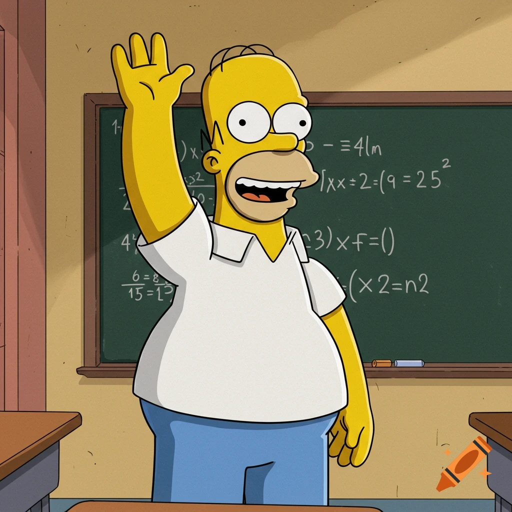 Homer Simpson raises his hand while standing in a classroom in front of ...