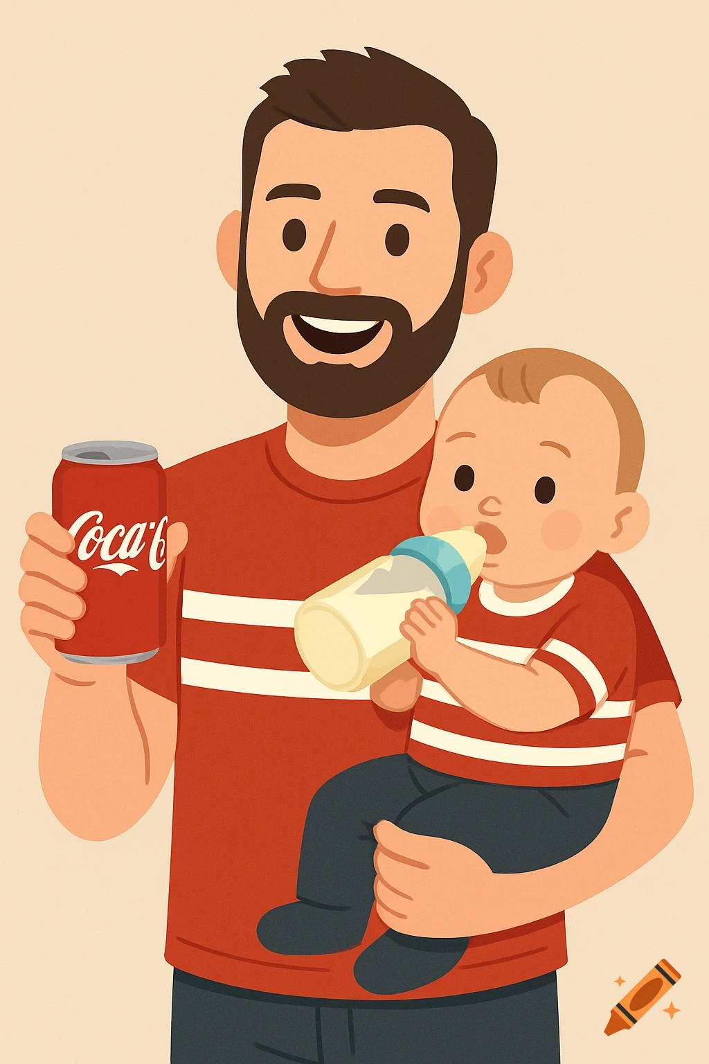 Vector illustration of a father holding a baby drinking a bottle, while ...