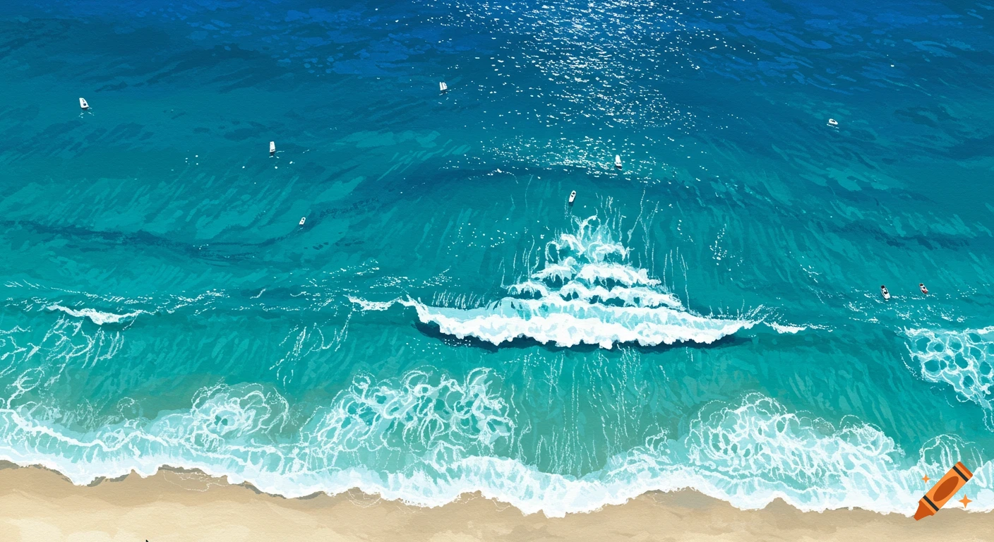 Aerial view of a beach and bright blue ocean with waves, boats, and ...