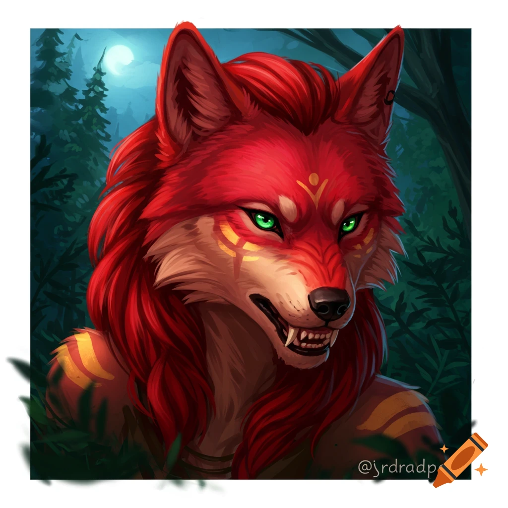 A stylized red wolf character with green eyes and yellow markings in a ...