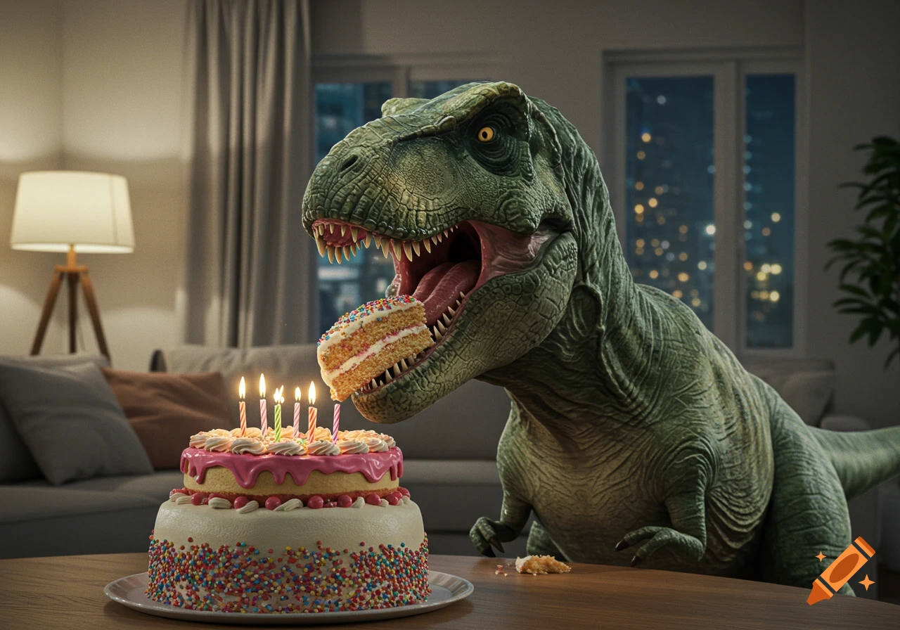Photorealistic dinosaur eating a slice of birthday cake in a living ...