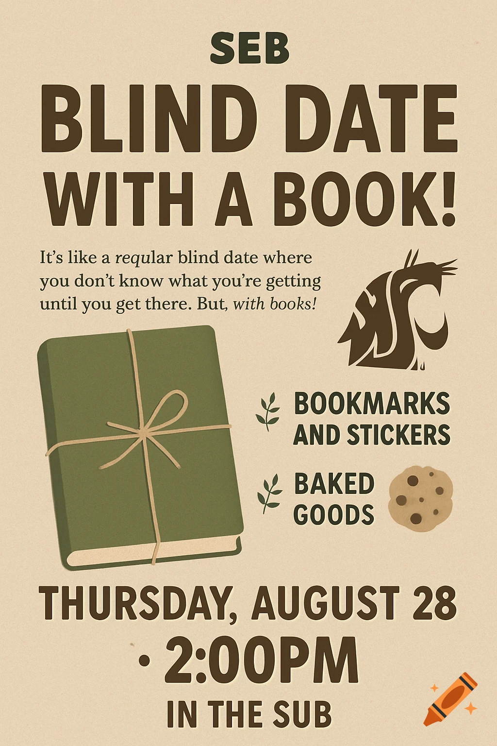 A poster for a "Blind Date with a Book!" event, showing a wrapped book ...
