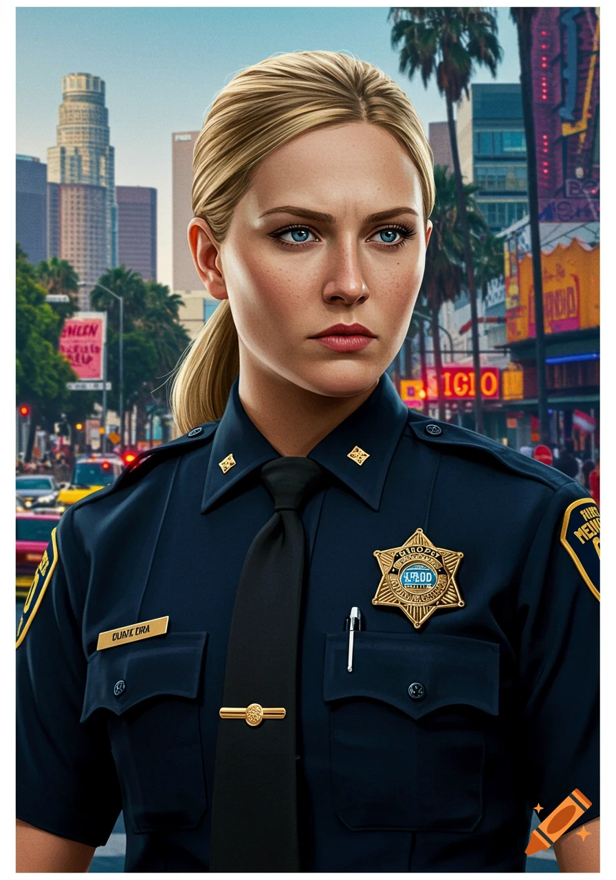 Photorealistic portrait of a female police officer standing in a city ...