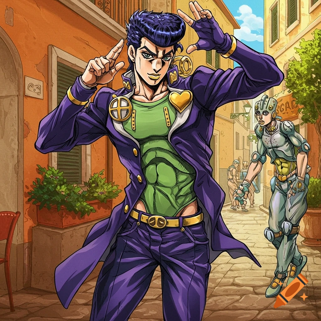 Josuke Higashikata and Crazy Diamond posing in an anime style alleyway ...