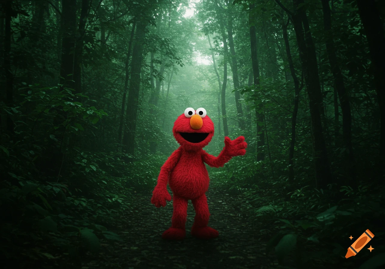 Elmo waves while standing on a path in a misty forest on Craiyon
