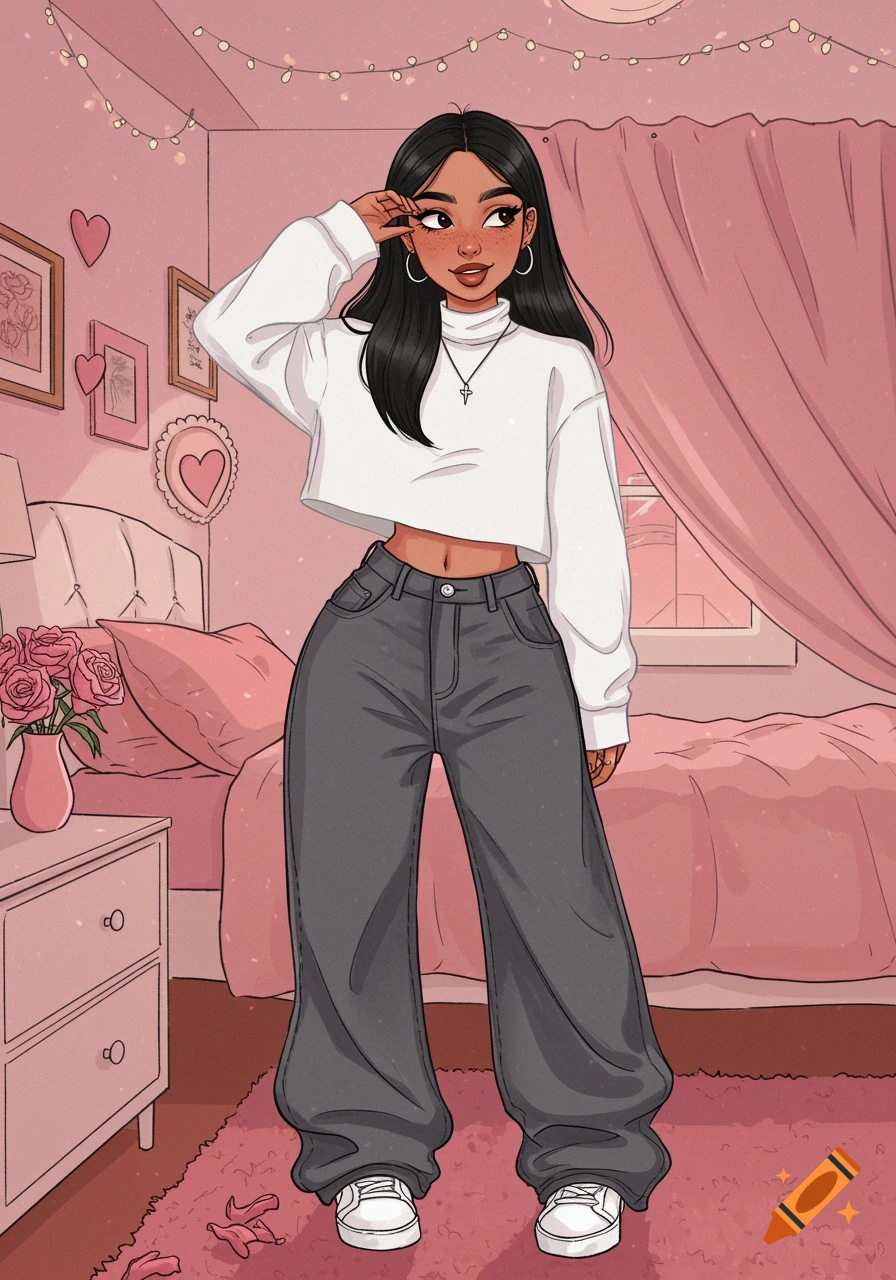 Cartoon girl in white crop top and grey baggy jeans poses in a pink ...