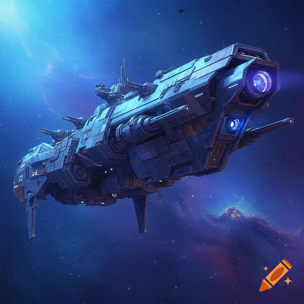 Detailed sci-fi spaceship with cannons floats in space with nebulas. on Craiyon