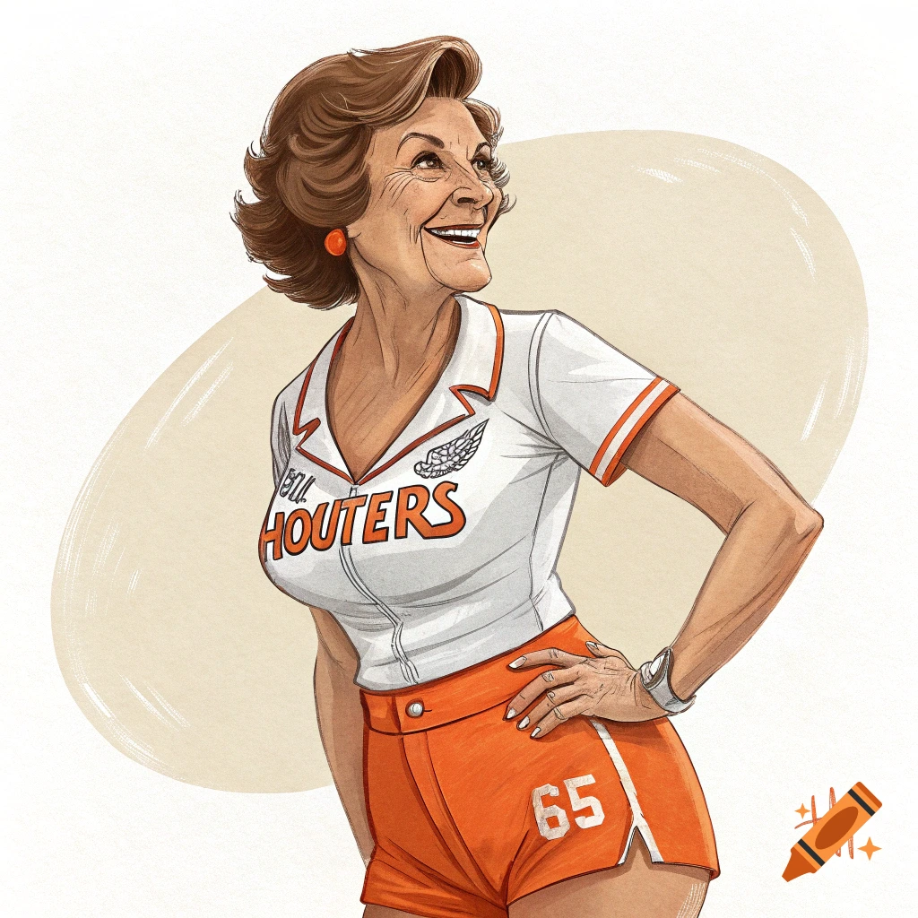 Caricature drawing of an older woman in a Hooters uniform. on Craiyon