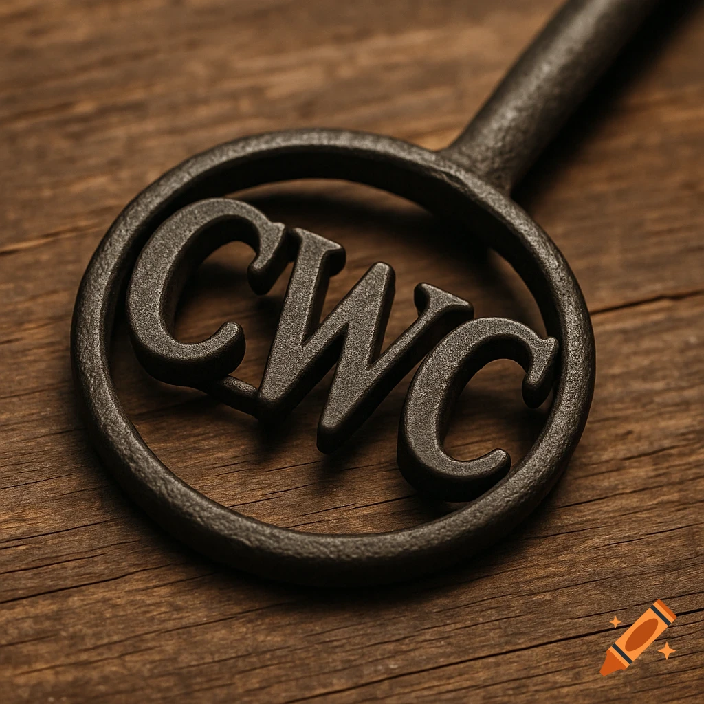Close-up of a metal cattle brand with the letters CWC on a wooden ...