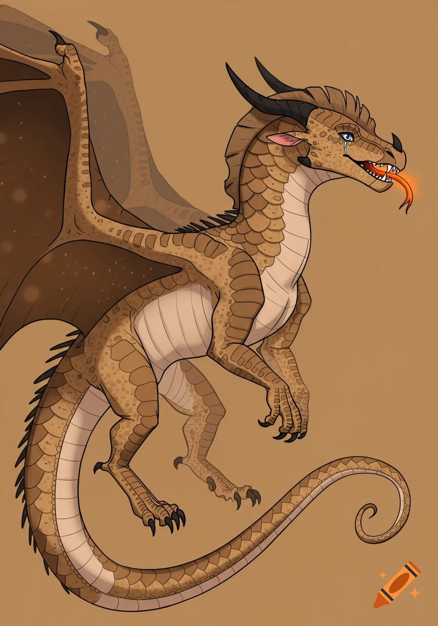 Illustration of a sad tan dragon with brown wings and fire on its ...